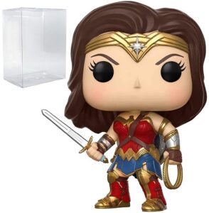 pop justice league movie - wonder woman funko vinyl figure (bundled with compatible box protector case), multicolored, 3.75 inches