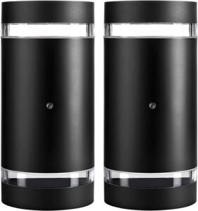 hyperikon led porch sconce light, 12w cylinder, modern outdoor wall lamp, 4000k daylight, black, photocell, ul, 2 pack