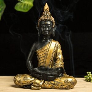 jizheng buddha statue decor figurine thai sitting buddha sculpture 14 inch decoration meditating zen buddha antique golden look for room/garden/yard/indoor/outdoor, black/copper, large