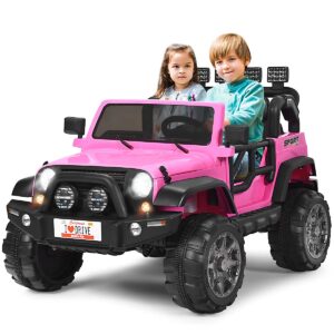 honey joy 2 seat ride on truck, 12v off-road ride on car with remote control, slow start, spring suspension, led lights, music, 3 speeds, battery powered electric vehicle for two kids(pink)