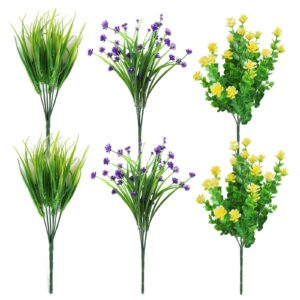 6 bundles artificial flowers fake flowers for home outdoor decoration, uv resistant faux greenery shrubs plants for hanging garden wedding porch window box décor, 3 colors(yellow, purple, green)