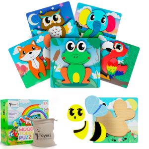 wooden puzzle toddler toys - educational and learning montessori toys for boys and girls, 6 unique animal patterns - preschool jigsaw puzzles for toddlers 2-5 years old, great birthday gift for kids