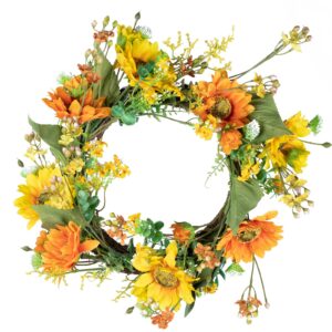 20 inch welcome wreath for front door, artificial sunflower garland wreath frame welcome sign with 8 flowers and 8 buds for home porch garden farmhouse festival decorations