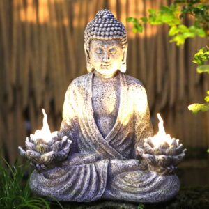 nc buddha statue zen sculpture, yoga garden decor with led solar flowers lights, sitting meditating buddha serene decorative figurinefor patio yard lawn ornaments, backyard,inside or outside