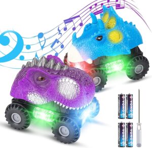 dinosaur cars, dinosaur toys for kids 3-5 with led light & sound, dino toddler toys for 3+ year old boys girls birthday gifts ， automatically change direction dinosaur truck toys (orange & green)