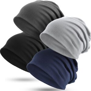 4 pieces slouchy beanie hat sleeping cap baggy skull knit sleeping hat headwear head wrap cap for men women (blue, deep gray, black, light gray, solid color)