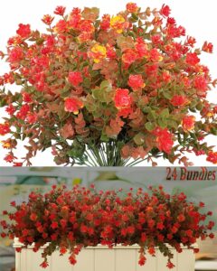 artificial flowers for decoration fake plants hanging indoor, plastic flora for home outdoor garden, 24 pcs green fall gradient color reallooking high art viewing (yca100+)