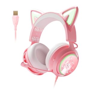 easars cat ear headset, pink gaming headset with retractable mic, 7.1 surround sound, rgb lighting, wired headset for pc, ps4, ps5