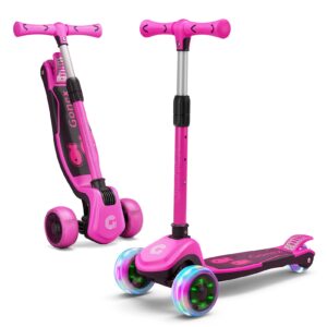 gonex 3 wheel scooter for toddler and kids ages 3-8, kick scooter for girls boys with foldable design adjustable height and extra wide light up wheel, pink