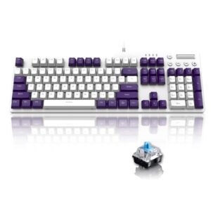 mechanical gaming keyboard hot swappable with multi monochromatic backlight 104key anti-ghosting ergonomic metal plate multimedia key usb wired for pc mac gamer office typist(purple white/blue switch)