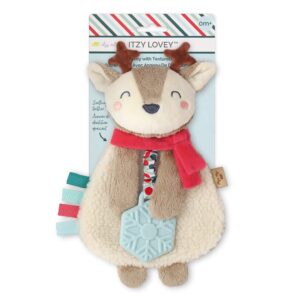 itzy ritzy - itzy lovey including teether - baby lovey with teether, textured ribbons & dangle arms - features crinkle sound, sherpa fabric and minky plush (jolly the reindeer)