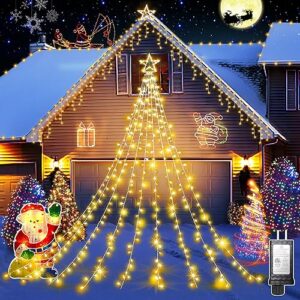 xurisen outdoor christmas decorations star light,11.8 ft 337 led waterfall tree lights with topper star string lights plug in, 8 modes christmas lights for party home holiday decor(warm white)