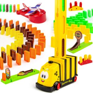 domino train, 209 pcs automatic electric dominoes train set with 3 add-on machine blocks toys educational building blocks stem toys for kids 3-8 year old boys and girls