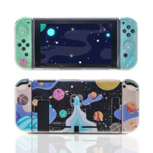 nananino switch clear glitter case, switch tpu case, switch protective case with animal crossing thumb grips and tempered glass screen protector - rocket theme