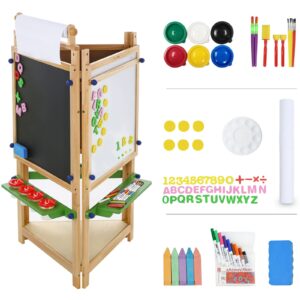 flying olly deluxe kids art easel(solid pinewood), tri-sided toddler easel w/blackboard, whiteboard& chalkboard,1 paper roll, and art supplies(86-in-1 set) for toddler kids 3-9 for daycare, kids room