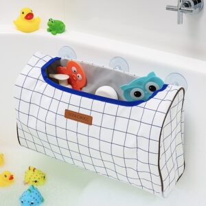 large bath toy storage with a quick dry mesh base. sturdy bath toy holder with 3 strong suction cups. the bath toy organizer keeps your bathroom tidy. bathtub toy holder (blue check)