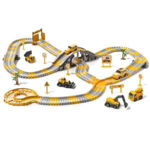 temi 236pcs construction race tracks for kids boys toys, diy collage flexible track toys set, 2 electric toy cars, 4 construction vehicles. kids gifts for 3 4 5 6 7 8 year old boys and girls best toys