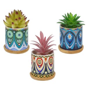 hamore 5" artificial succulents in bohemian ceramic pots, set of 3 ceramic pots & bamboo trays with succulents plants artificial, fake plants for desk office bathroom bedroom living room