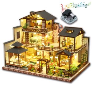 yuzhen diy miniature dollhouse kit with furniture and led lights, japanese wooden dollhouse includes dustcover and music box, collectibles for hobbies