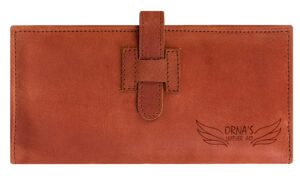 orna's leather art goldfinch cognac wallet: women’s brown billfold, stylish, handcrafted, real cowhide, spacious, 18 card holders, 6 money pockets,