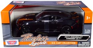 motormax toy 2017 chevy camaro zl1 black metallic with orange stripes 1/24 diecast model car by motormax 79351 79351bk-or