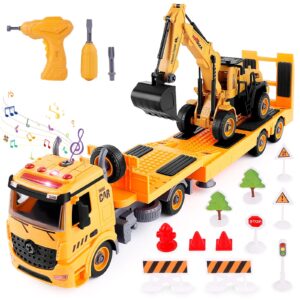 106 pcs take apart trailer truck & excavator toy set with electric drill for 3-7 year old boys and girls - friction power building toy truck gift for kids