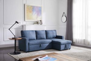 aty reversible sectional sleeper sofa with storage chaise, l shape couch with pull-out bed, living room furniture, 85", blue