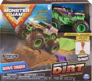 monster jam, grave digger monster dirt starter set with 8oz monster dirt and official 1:64 scale truck