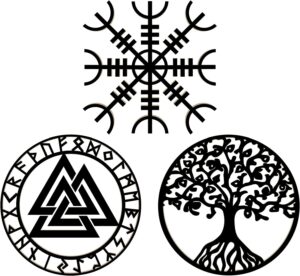 valhalla vahala 3pc viking decor 15” metal wall art | viking compass, valknut, tree of life｜nordic mythology vegvisir runes and symbols, norse metal wall décor, (15 in w x 15 in h / 38x38 cm)