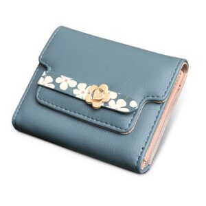 topkull wallets for women rfid small womens wallet trifold flower leather ladies wallet with card holder&zipper coin purse (blue)