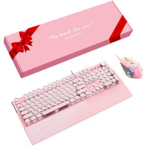 basaltech typewriter keyboard and mouse combo, pink gaming keyboard with white led backlight, round keys blue switch mechanical keyboard with magnetic removable wrist rest for game and office