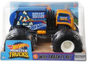 diecast hotwheels monster trucks trash it all, [blue/orange] recycling truck 1:24 scale