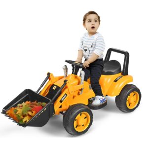 honey joy ride on excavator, 6v battery powered wheeled loader digger with working front bucket, forward/backward, electric construction vehicle for kids, ride on tractor for boys girls, yellow