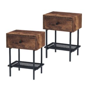 vecelo nightstand with drawer,end side table with open storage shelf, for living room bedroom small space,rustic brown, set of two