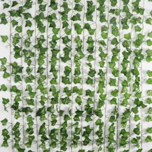 ezflowery 12 strands 84 feet artificial ivy vines leaves, silk garland fake greenery hanging leaf plants for wedding, wall decor, party, room, garden, home decor - green