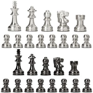 iwis global chess pieces only no board, 32 large quadruple weighted metal chess pieces with 2 extra queen, 2.6” king heavy piece, chrome silver-metallic black in unique gift storage box