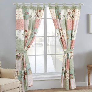 cozy line home fashions peachy floral vine country cottage flower garden patchwork straight rod pocket drapes (2 piece) with tie backs window curtain panel, multi-color, pink, blue, green, yellow