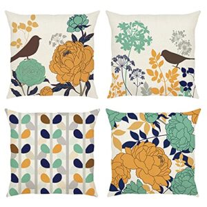 bonhause flower bird spring throw pillow covers 18 x 18 inch set of 4 blue and yellow floral decorative pillows case polyester linen outdoor cushion covers for sofa couch garden home decor