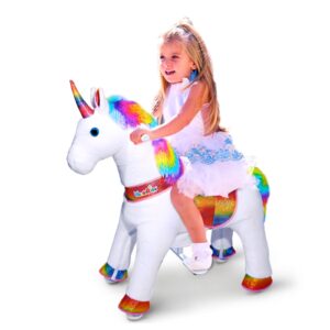 wonderides ride on rainbow unicorn toys for girls ride on horse riding pony cycle toy for toddlers for 3-5 years old (size 3, 30.1 inch height) plush walking horse rocking mechanical with wheels.