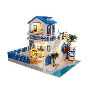 yuzhen diy miniature dollhouse kit with furniture and led lights, modern wooden villa model includes dustcover and music box, creative gift for adults and kids