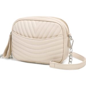 crossbody bags for women, small quilted purses lightweight camera bag stylish double zipper shoulder purse and handbags beige