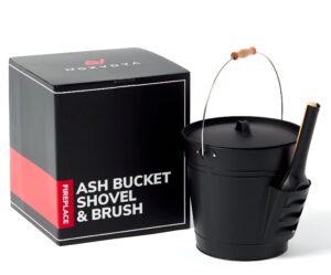 noxvoya metal ash bucket with lid and shovel, brush, black - heavy-duty, modern coal bucket with fireplace scoop for indoor fireplaces, outdoor fire pits, grill - premium, compact fireplace tools