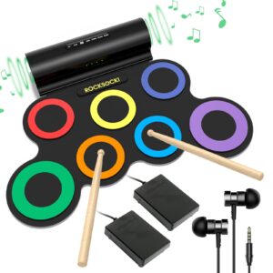 rocksocki electric drum set, 7-pad electronic drum set with headphone included, roll-up drum pad for kids, great holiday xmas birthday gift (dual speakers)