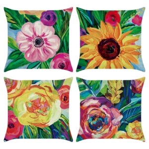 bonhause colorful flower pillow covers 18x18 set of 4 sunflower oil painting floral decorative pillows case polyester linen for sofa garden couch home decor