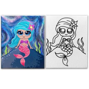 indigo art studio pre drawn canvas painting for kids | stretched & stenciled | art activity summer camps | custom mermaid theme coloring | diy birthday gift & paint with twist party favor | 8x10