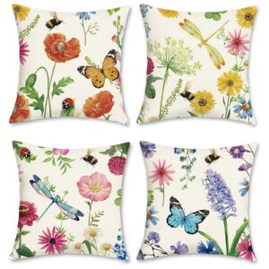 bonhause spring floral throw pillow covers 18x18 set of 4 wildflowers plants butterfly patio decorative pillow cushion cases outdoor cushion covers for couch sofa bedroom car home decor