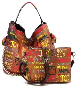 2pcs set multicolor graffiti printed bucket chian strap hobo shoulder bag & crossbody bag 2-in-1 set bag (tan/yellow)