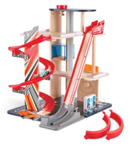 hape gearhead stunt garage kids wooden toy car parking garage playset w/elevator and 2 exit tracks, detachable loop, includes 2 wooden toy racecars