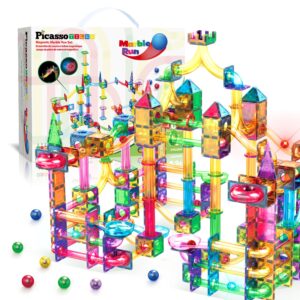 picassotiles 200 piece magnetic marble run marbles for kids race track toy set marble maze sensory toys for toddlers stem educational magnet building blocks construction building tiles boys girls 3+