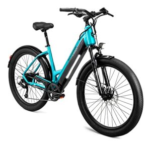 schwinn coston ce hybrid electric bike for adults, 20mph ebike, up to 35 miles on a single charge, 27.5-inch wheels, 7-speed, large/x-large step-thru frame, gloss teal